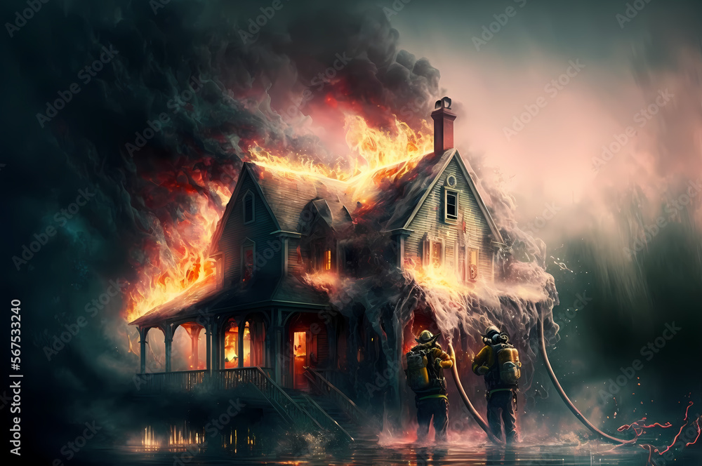 Team of firefighters put out fire ignited in house. Burn rescue service ...