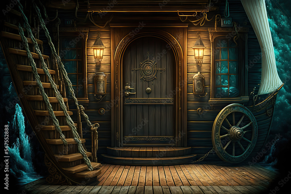Deck of a pirate ship with a door to the captain's quarters and stairs ...
