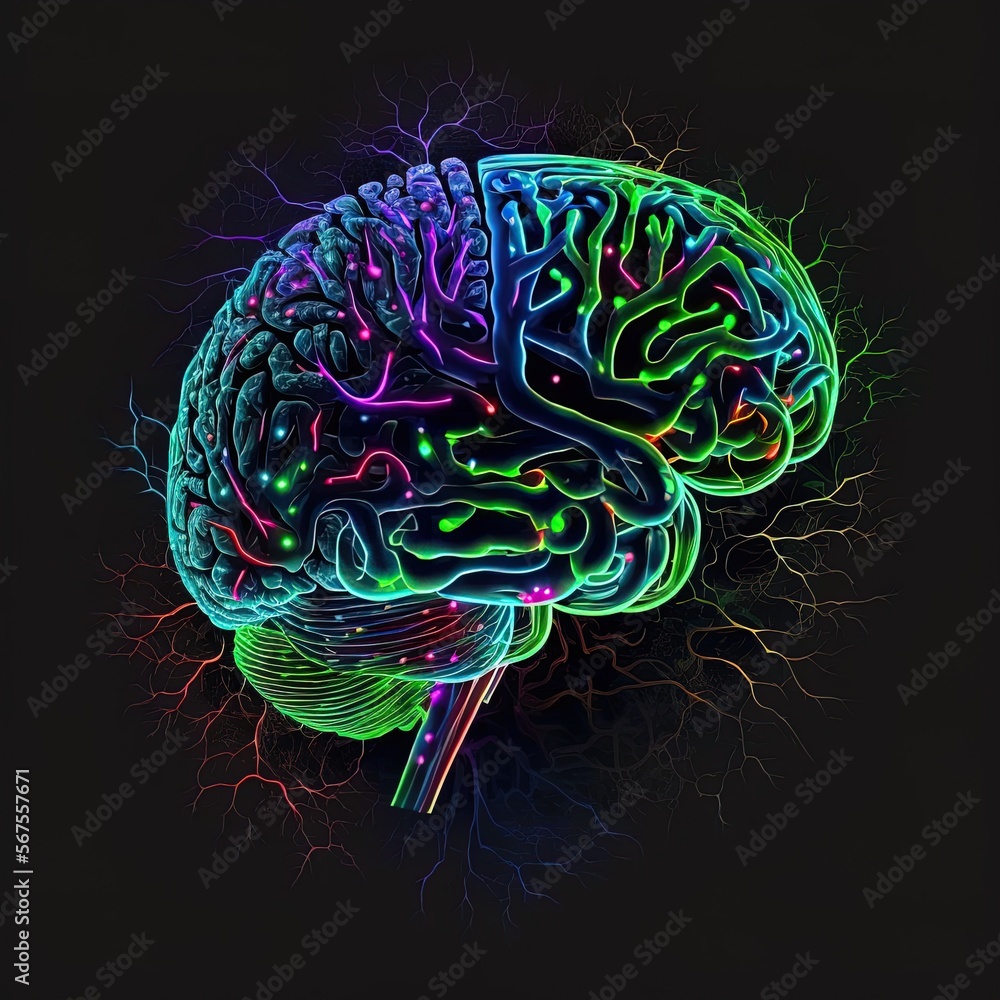 Generative AI brain art NFT neon and cyberpunk color, holography ...