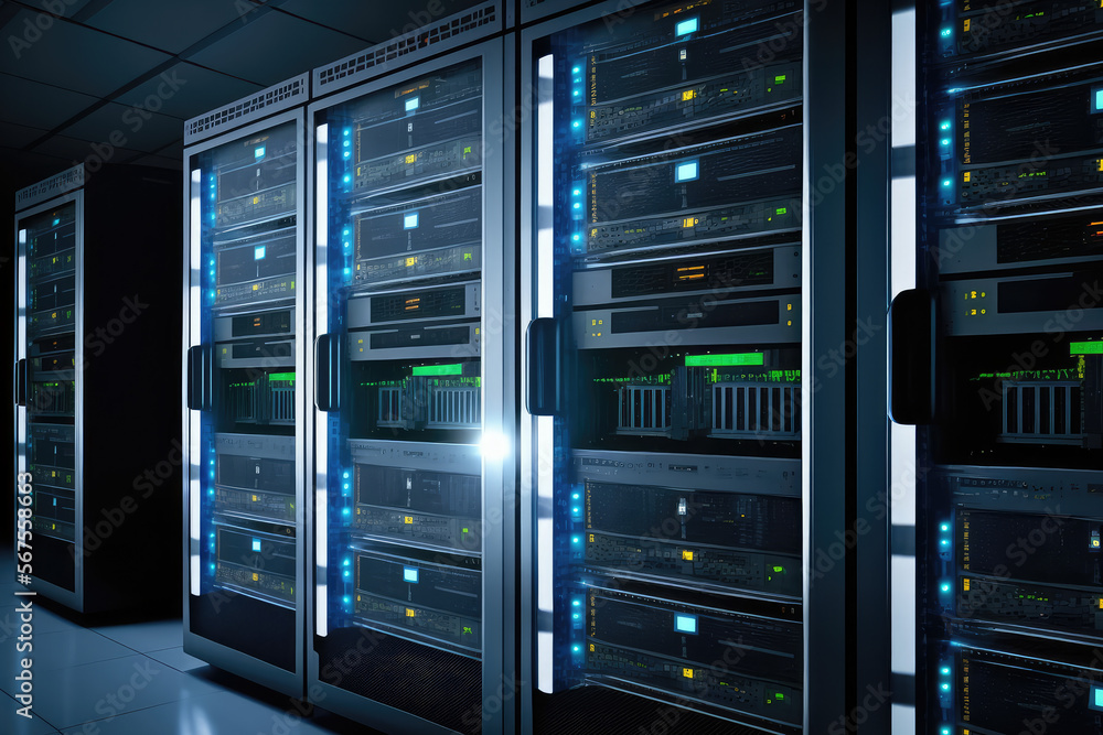 Bold and sleek network of servers and supercomputers in a high-tech ...