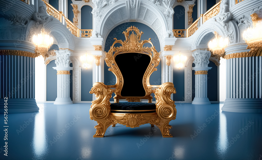 The Throne Room with Gold royal chair on a background of red curtains ...