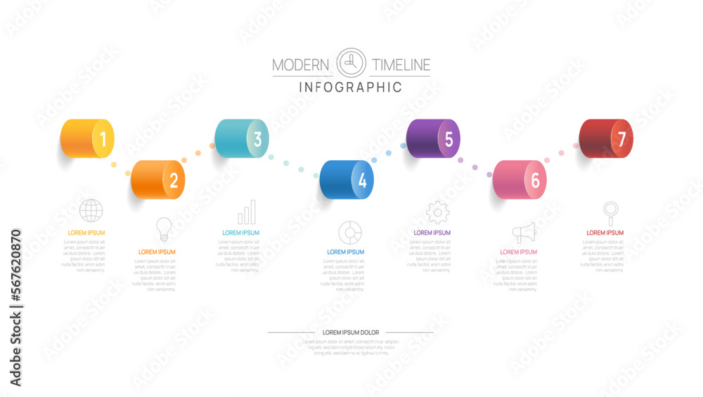 Infographic Timeline diagram template for business. 7 Steps Modern roadmap with circle topics ...