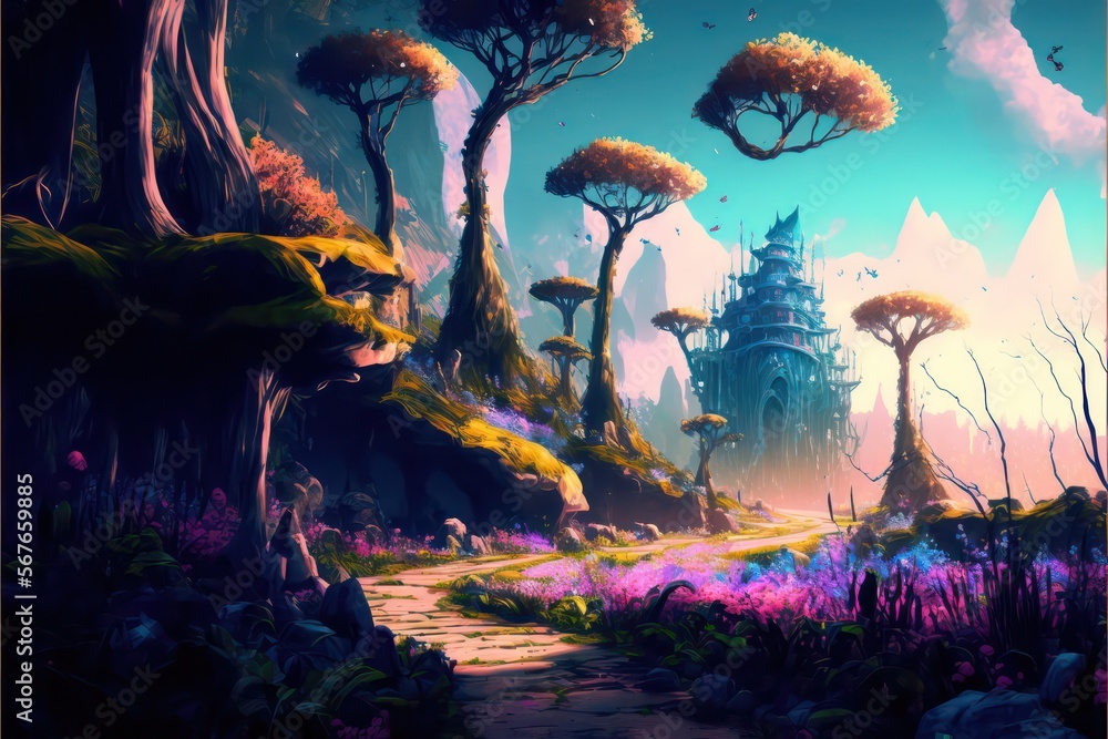 Fantasy path to the palace with colourful flowers. Illustration ...