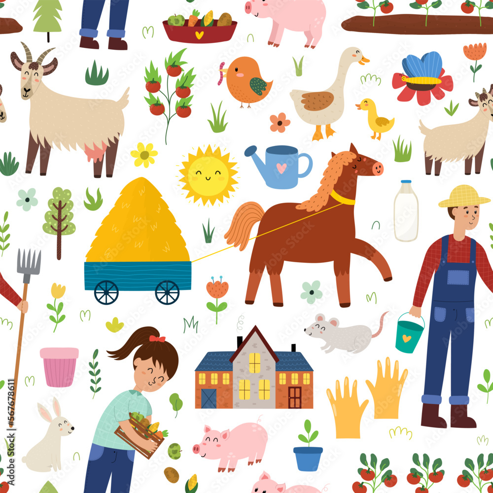 Farm seamless pattern with cute animals. Countryside background in ...