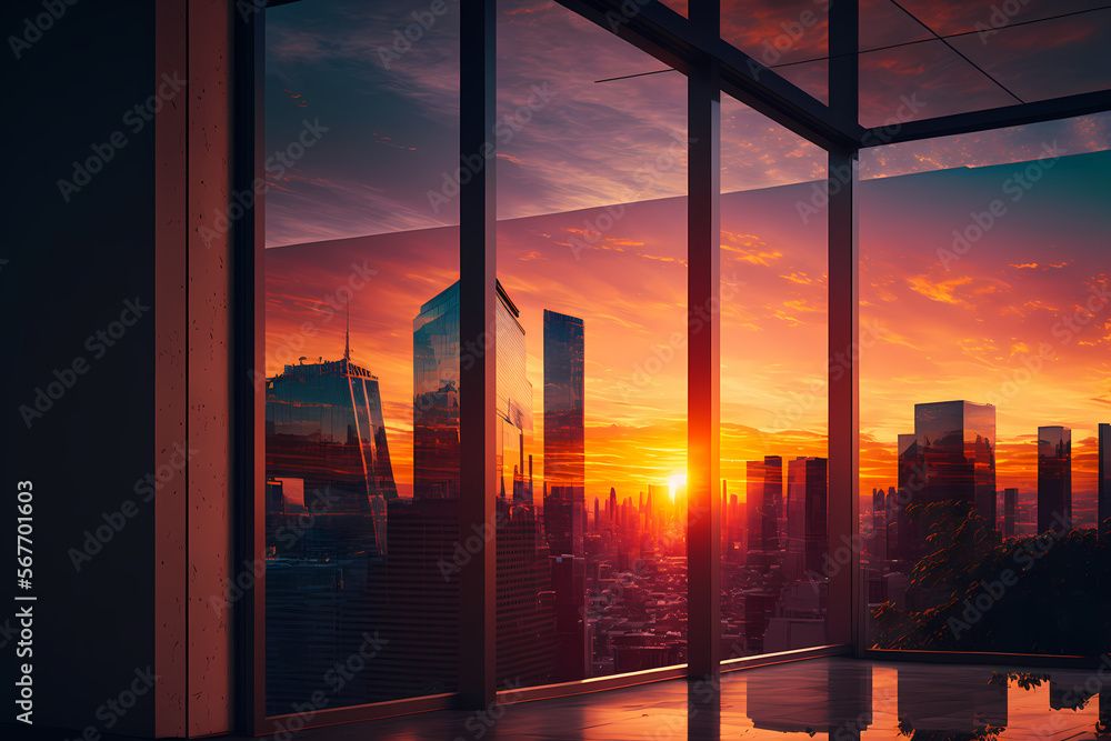 Big city view with glowing sun or sunset on cloudy sky background ...