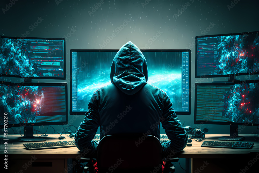 Back View Of Hacker Sitting In Front A Computer Screen With Multiple Windows Open As