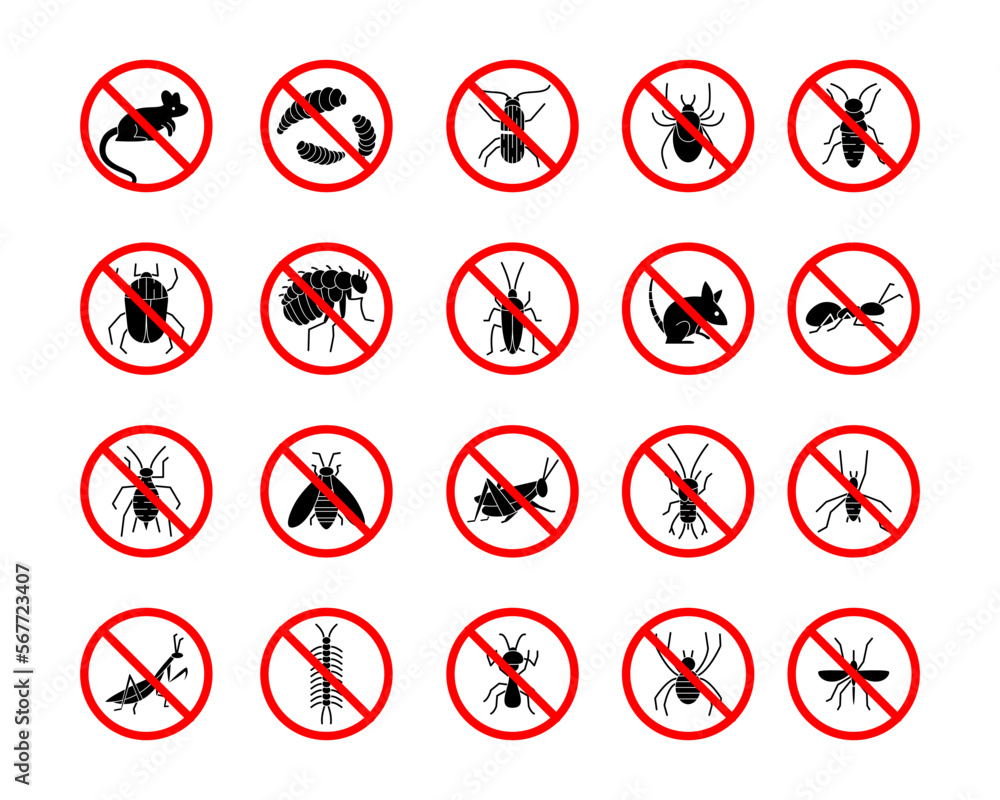 Bug insecticide. Anti insect or rat icons. Red crossed symbols. Fly ...