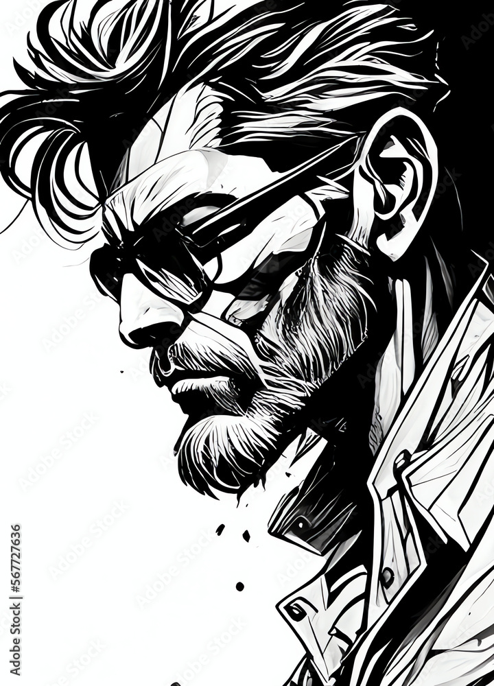 attractive male comic book character, black & white line art ...