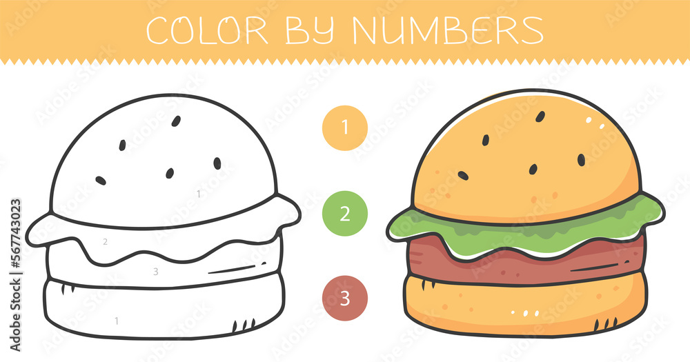 Color by numbers coloring book for kids with a burger. Coloring page ...