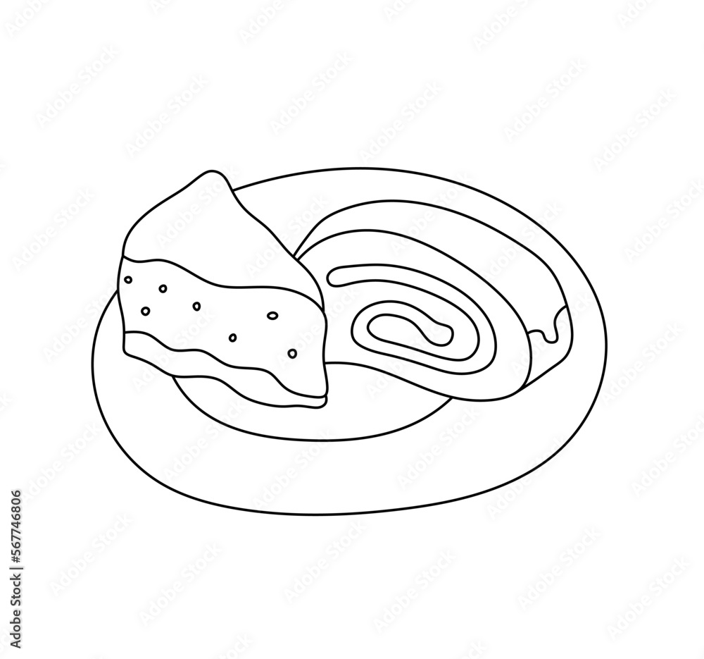 Vector isolated two sweet pieces of cakes roll and triangle piece on a ...