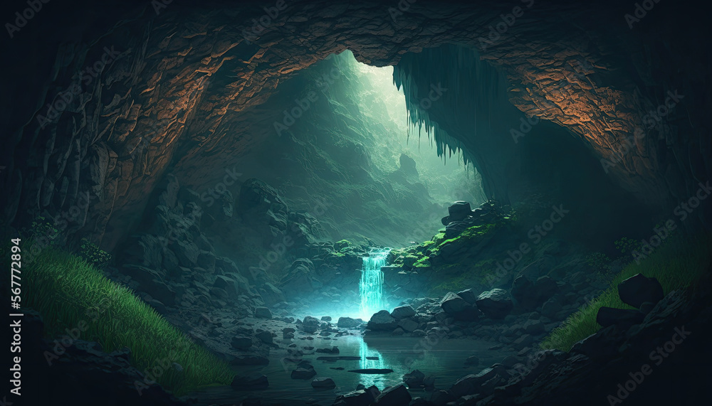 Ethereal Cave Falls An Anime Waterfall In A Cave With Dreamy And