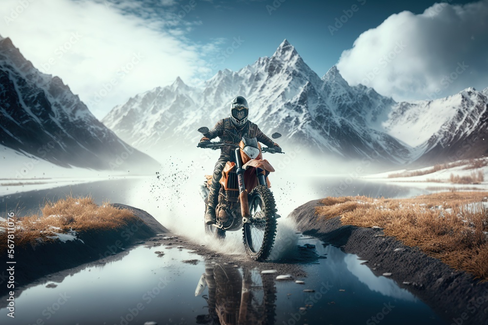 Ilustração Extreme Motocross MX Rider riding on dirt water track ,snow ...