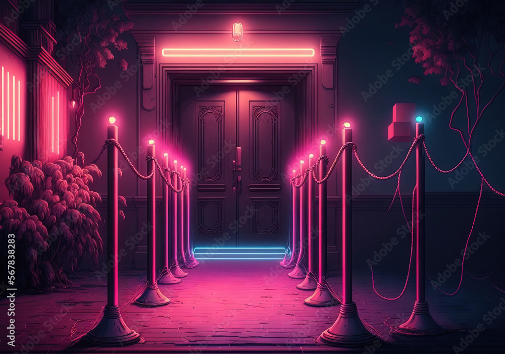 A pink light emitting nighttime landscape with an empty line marked by ...