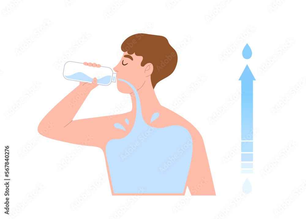 Young man drinking water with hydrated scale bar isolated on white ...