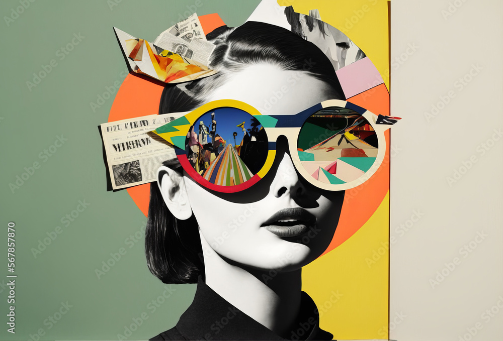Abstract modern art collage portrait of young woman. Trendy paper ...
