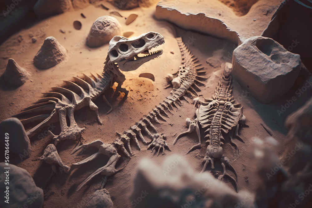 Paleontologist cleaning skeleton dinosaur tyrannosaurus, top view ...