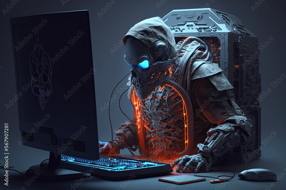 cyborg hacker robot works at a computer in front of a monitor. Concept of cyber security ...