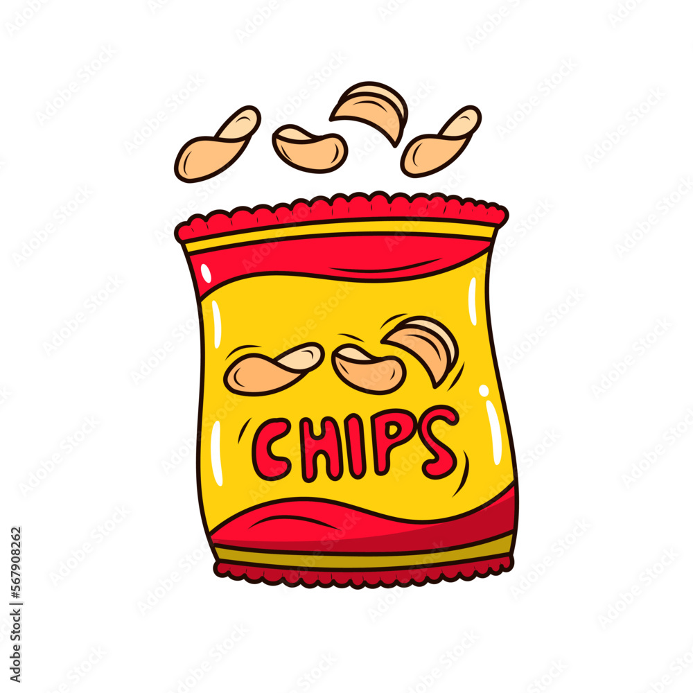Bag of chips vector illustration in cute cartoon style isolated on white background Stock Vector ...