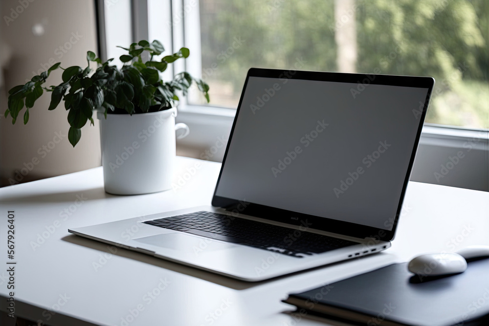 Photo of computer laptop with white blank screen putting on the modern ...
