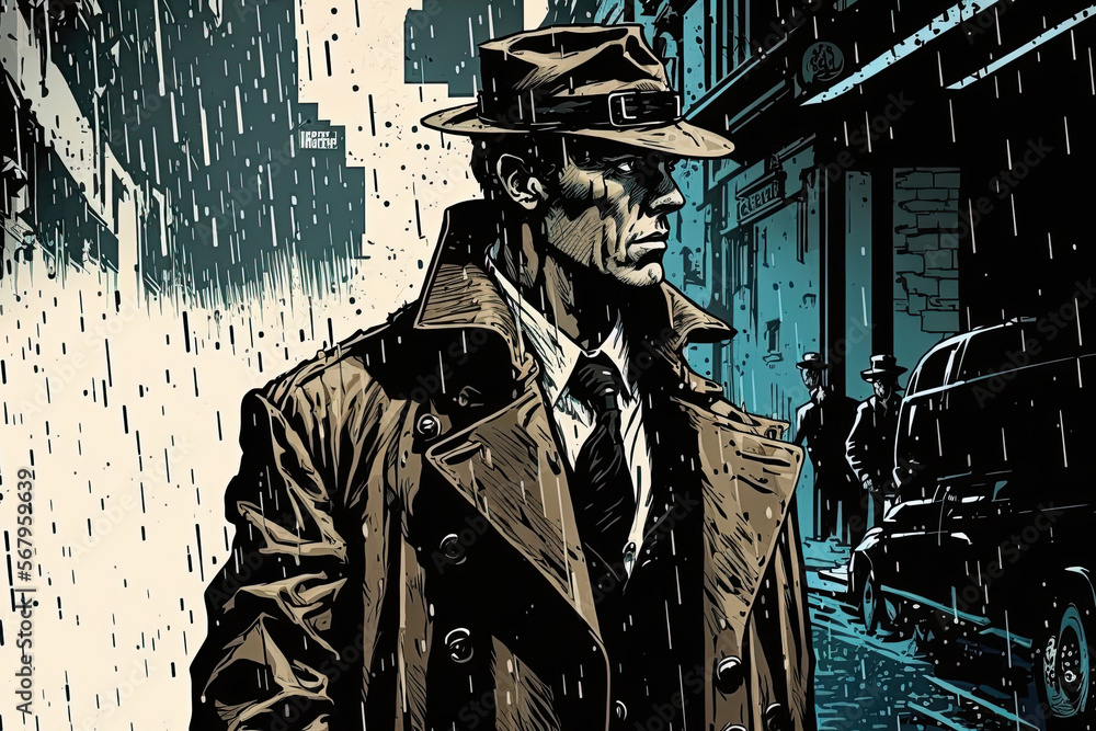 male detective investigator hat and coat on rainy street at night ...