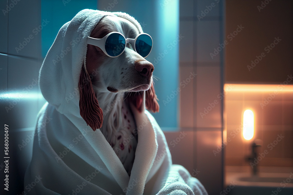 Cool funny poodle dog resting and relaxing in spa wellness salon center ...