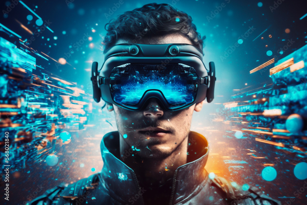 AI Metaverse concept collage design with man wearing VR headset, man with smart glasses ...