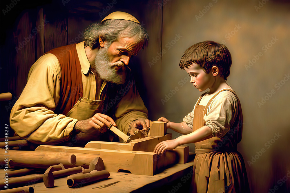 Saint Joseph of Nazareth teaches Jesus Christ about carpentry. Saint ...