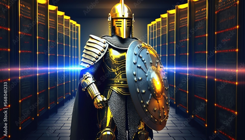 Brave knight standing in front of data servers providing cyber security ...