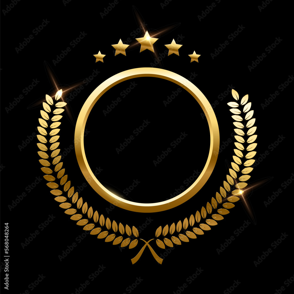 Gold round frame, stars and circular wreath from olive leaf vector ...