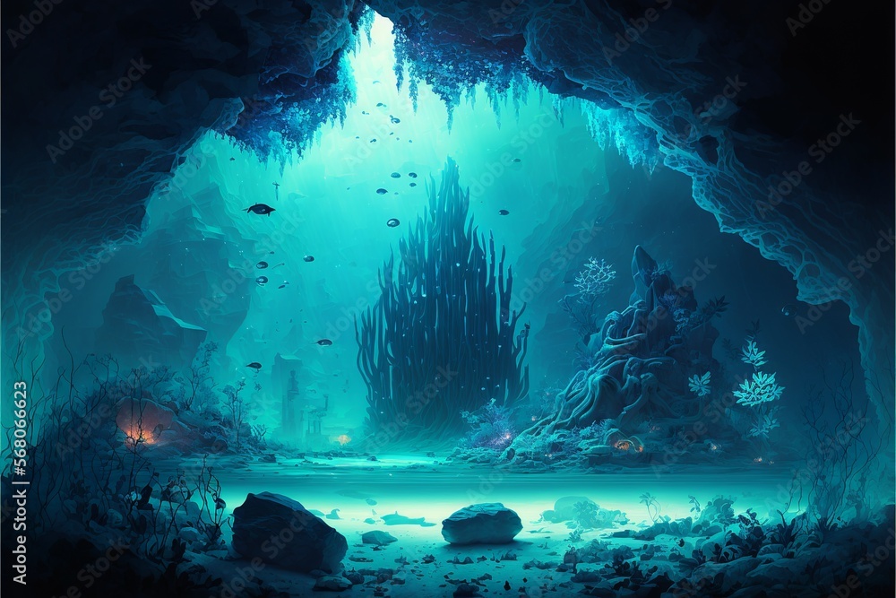 Deep blue frozen crystal cave system under the sea with ice pillars ...