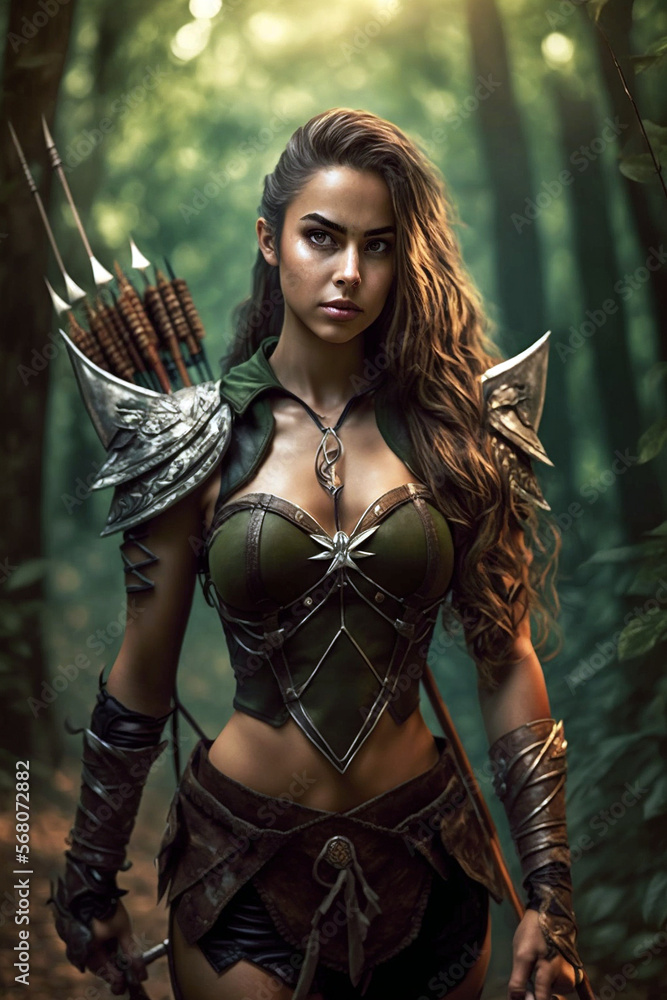 Portrait of a brunette female fantasy elf archer in green leather armor in forest. Beautiful ...