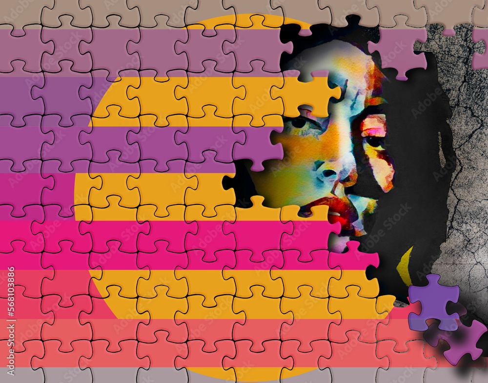 Jigsaw puzzle pieces form a background image with a woman looking out ...