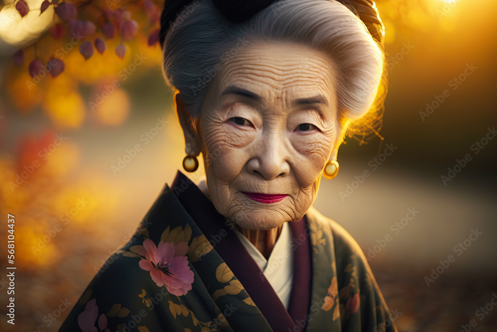 An old japanese woman dressed in the traditional geisha style wearing a ...