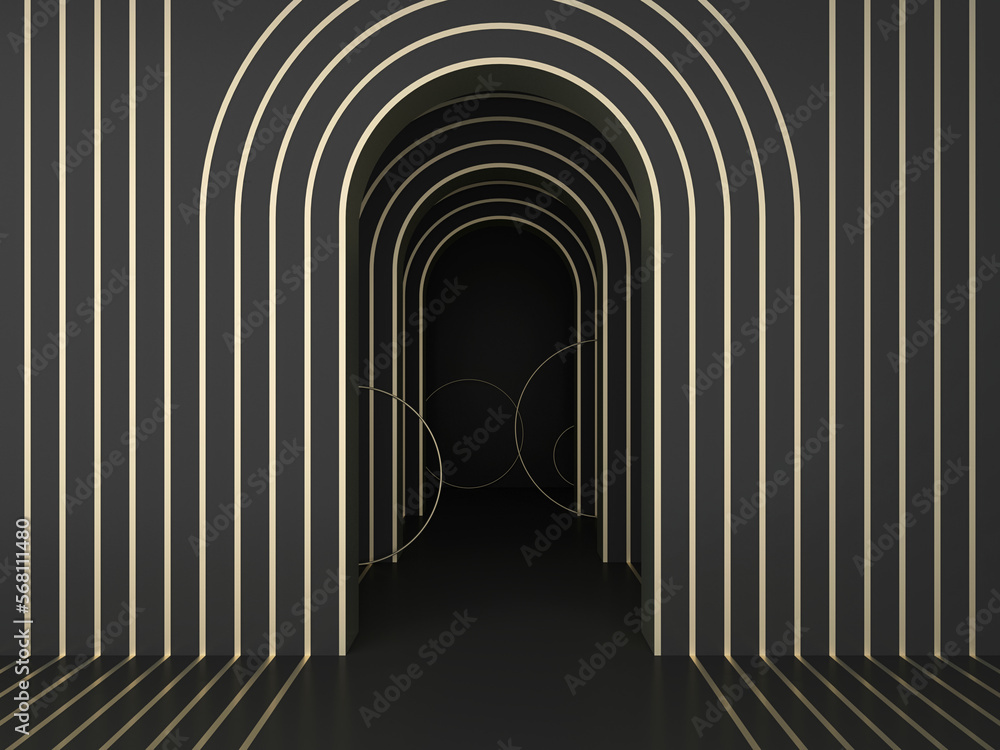 Simple clean arched door design with golden stripes; abstract dark art ...