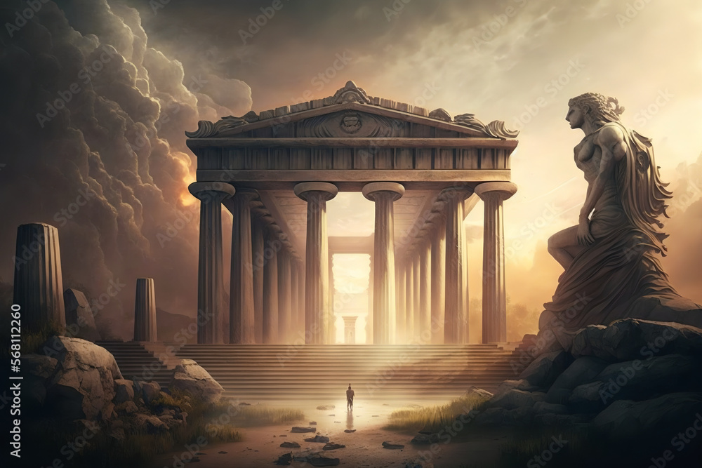 Ancient greek civilization, ancient greek temple ruins with female ...