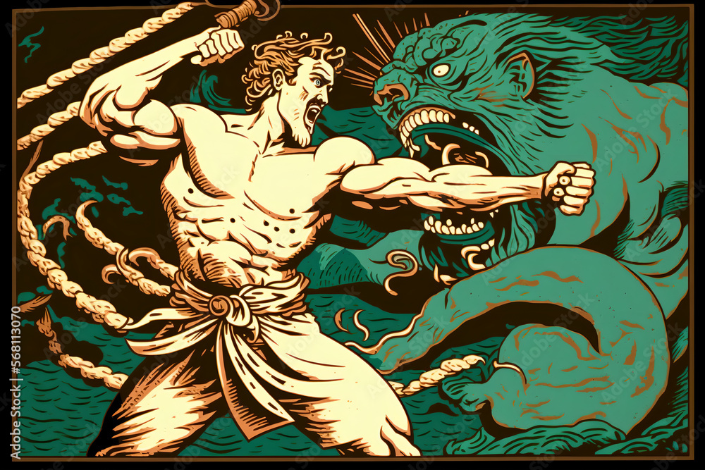 Greek hero Hercules battling the Hydra of Lerna, a multi-headed serpent ...