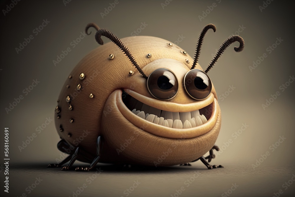 a cartoon bug with big eyes and a smile on it's face, sitting on the ground with its legs spread ...