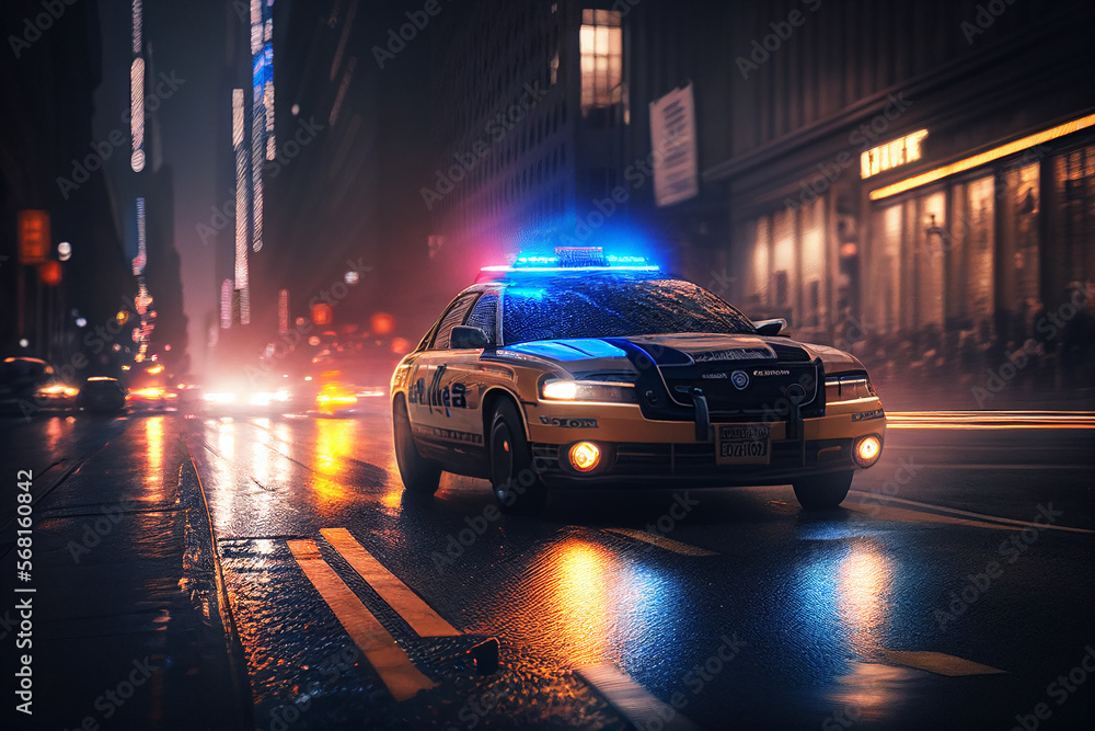 Police car in New York. Police car with red and blue emergency lights ...
