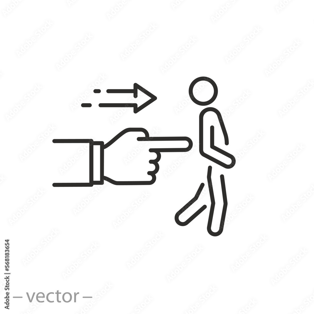 expel a person icon, fired employee gesture, pushing man for exit, thin ...