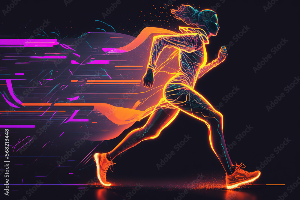 Woman Running Neon Light Art, Woman Sprinting Abstract Art, Runner ...