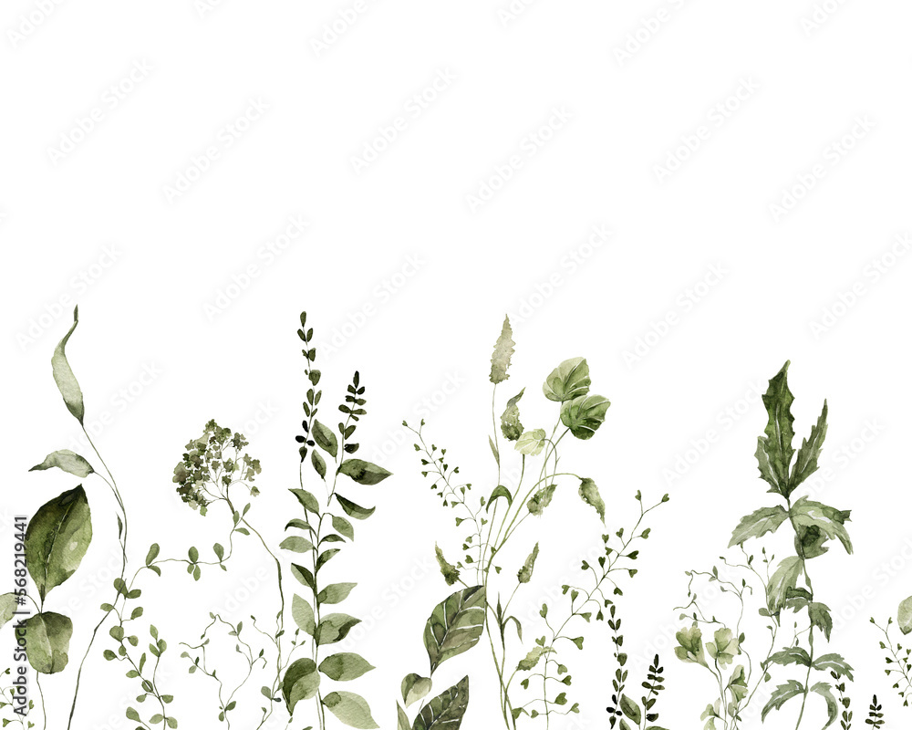 Watercolor floral border. Hand painted frame of forest greenery ...