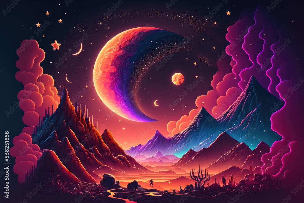 Abstract neon space landscape dream. Month and moon, mountains, fog ...