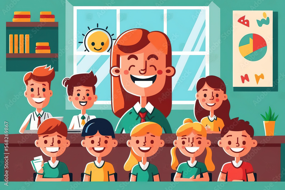 Classroom Cartoon Vector, Happy Teacher and Students in the classroom ...