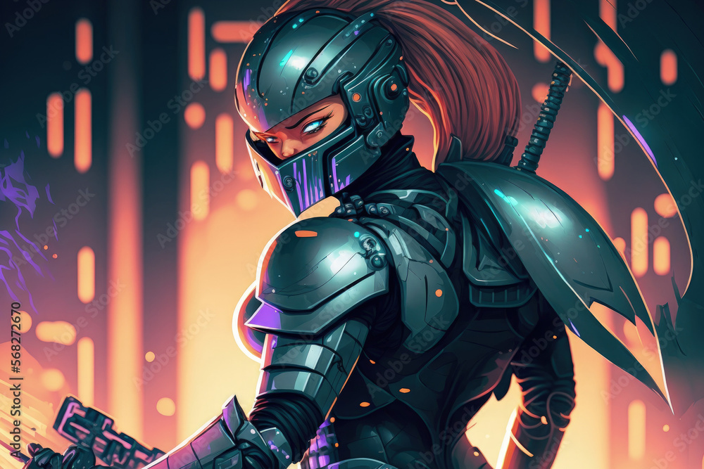 Ilustração Cyborg woman in science fiction bending down and clutching a ...