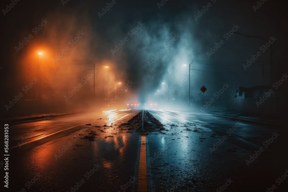 a searchlight, smoke, neon lights reflected in wet asphalt. Dark ...
