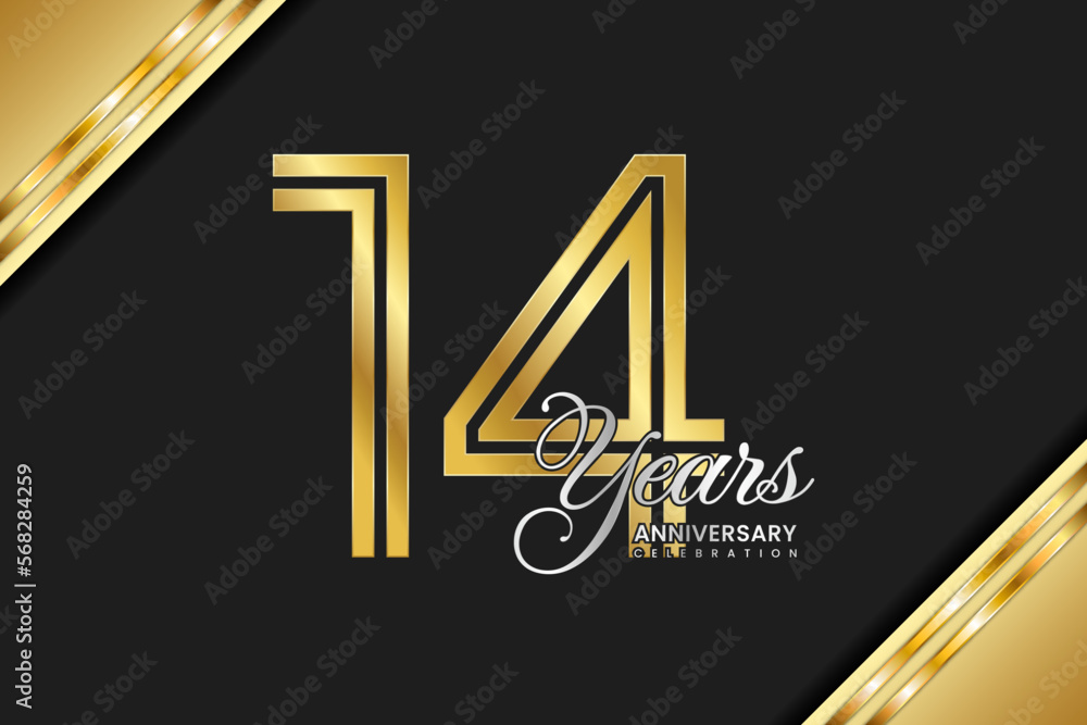 14th anniversary logo design with double line. Gold color numbers with ...