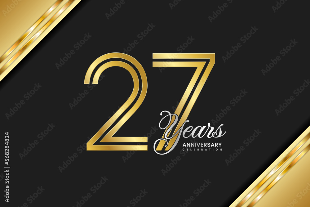 27th anniversary logo design with double line. Gold color numbers with ...