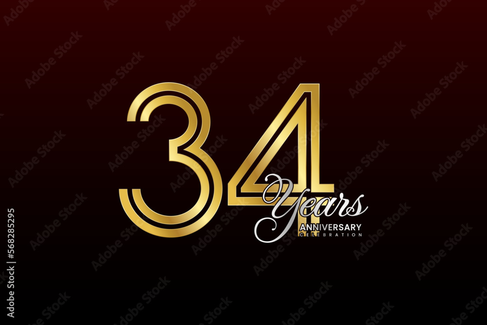 34th anniversary logo design with double line. Gold color numbers with ...