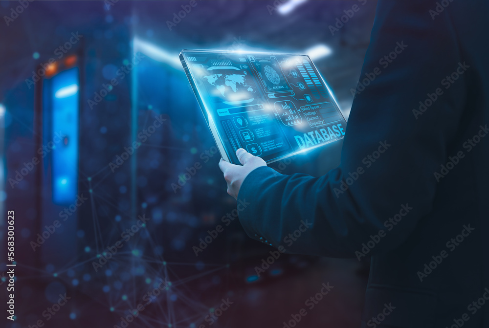 Engineer programmer futuristic in server database network information room,diagnostics and ...