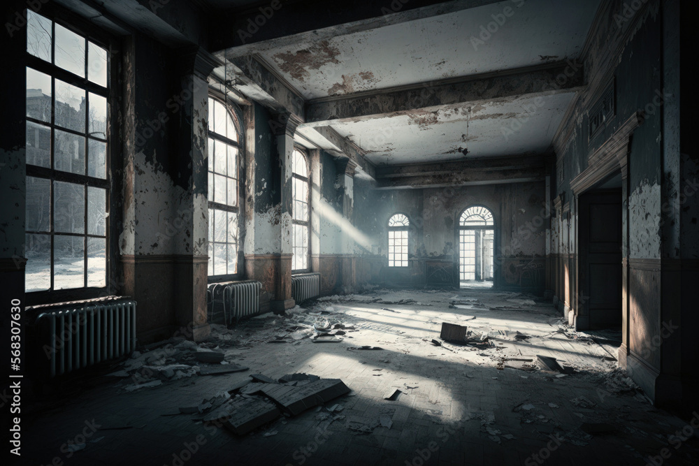An interior view of the building's deteriorated architecture in the ...